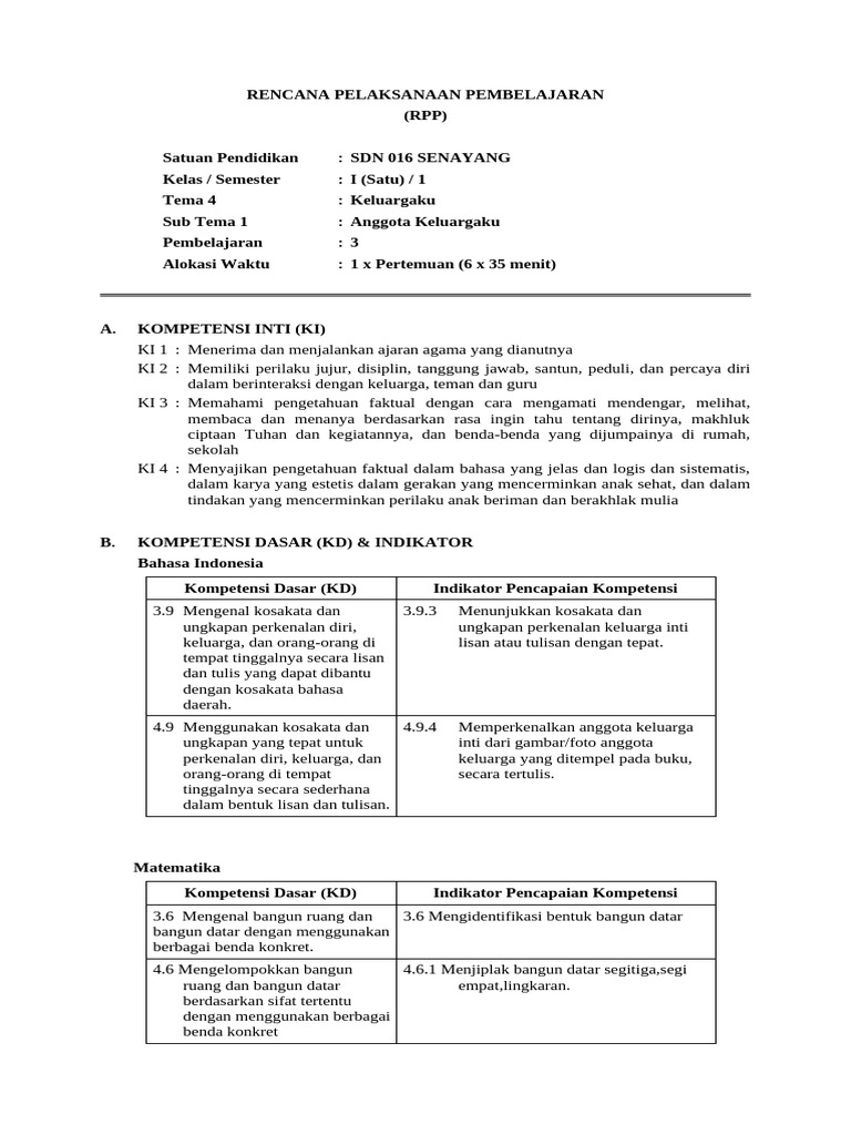 RPP Kelas 1 SDN 016 Senayang (Mariya Ulfa) | PDF | Karier & Perkembangan | Seni & Disiplin Bahasa