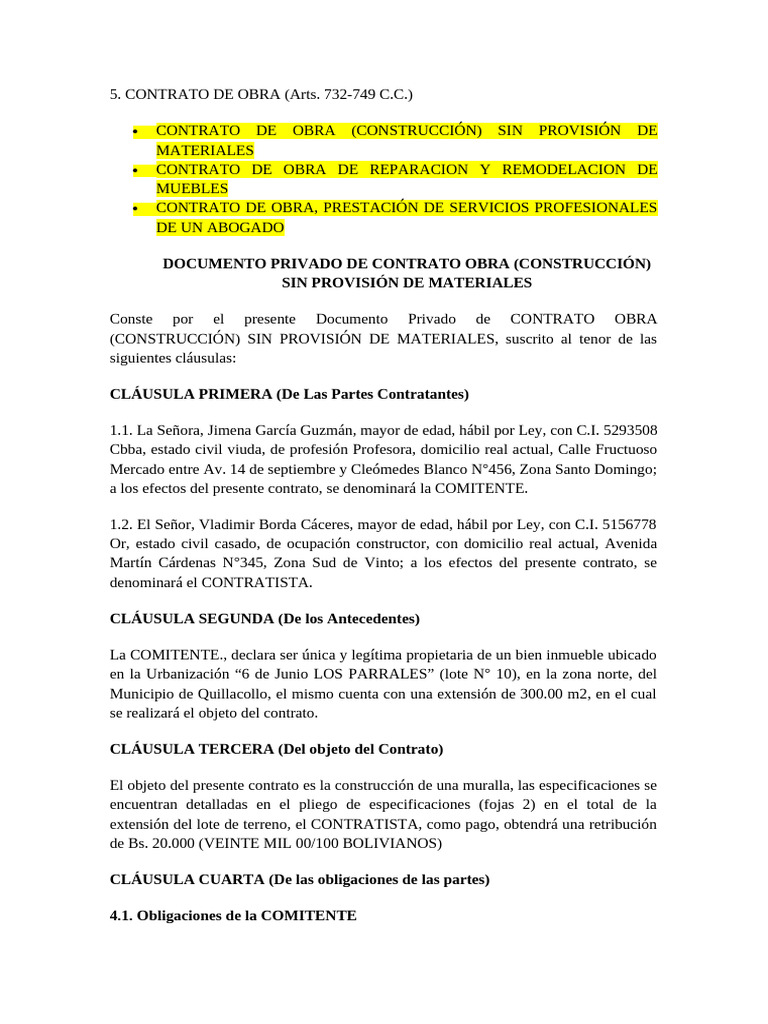 Contratos de Obra: Construcción y Remodelación | PDF | Abogado | Ley común