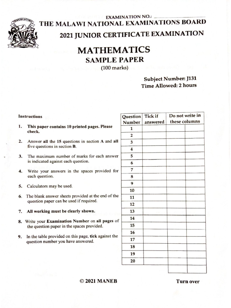 2O21 JCE Mathematics Sample Paper | PDF