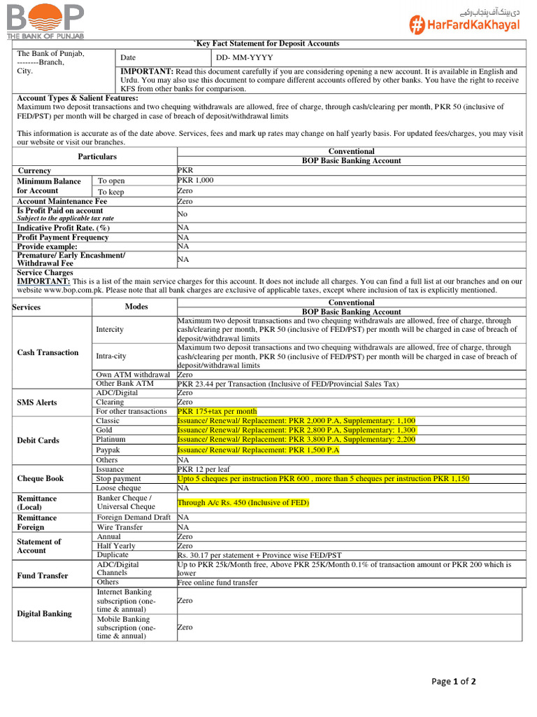 BOP Basic Banking Account | PDF | Cheque | Transaction Account