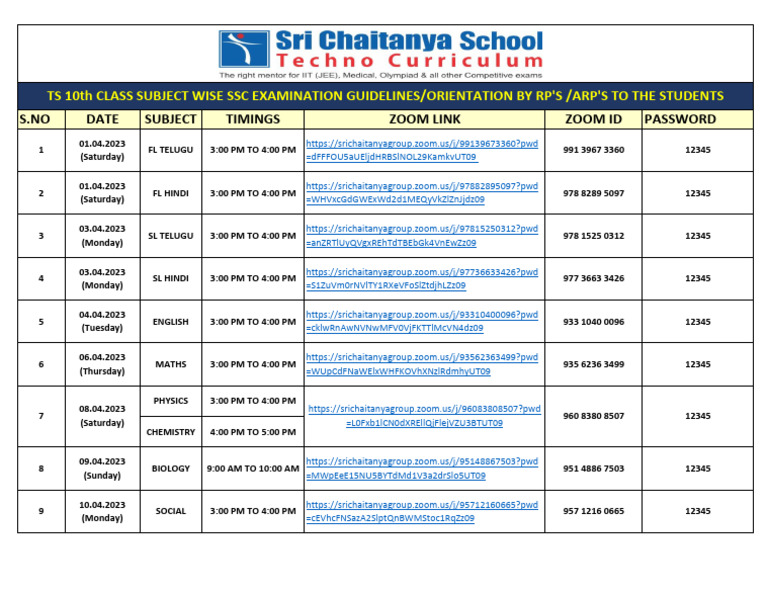 TS 10th Class Zoom Schedule 2023 | PDF