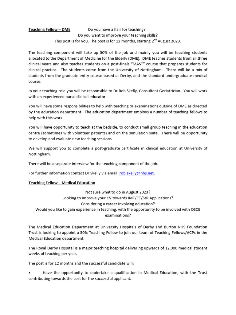 Teaching Fellow Position in Medical Education | PDF | Medical Education ...