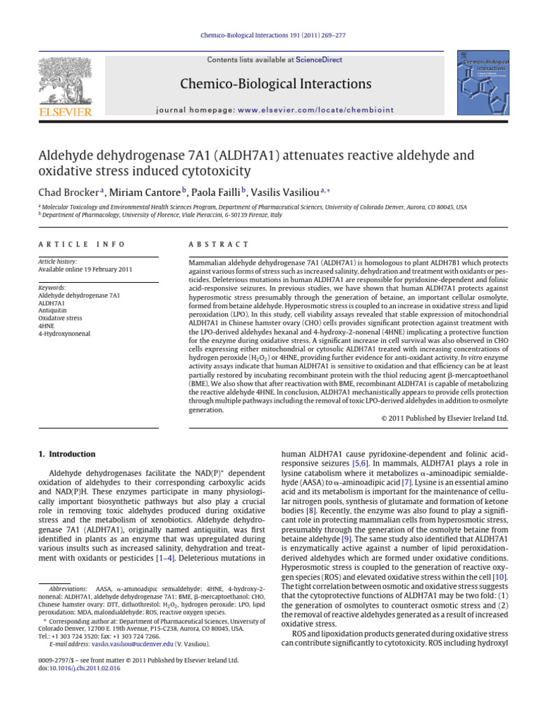 ALDH7A1's Role in Oxidative Stress Protection | PDF | Lipid ...