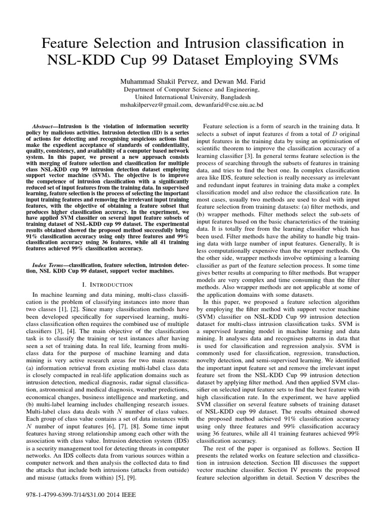 Feature Selection and Intrusion classification in NSL-KDD Cup 99 Dataset Employing SVMs | PDF ...