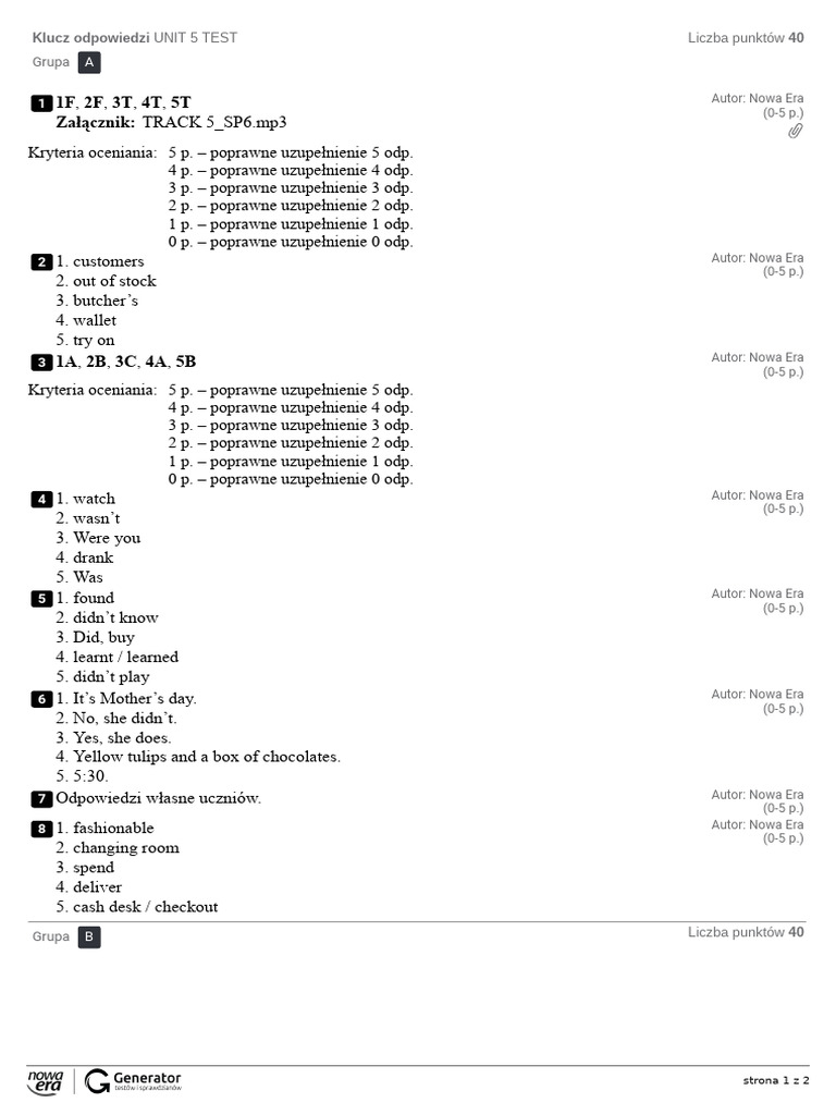 UNIT 5 TEST Klucz Odpowiedzi | PDF