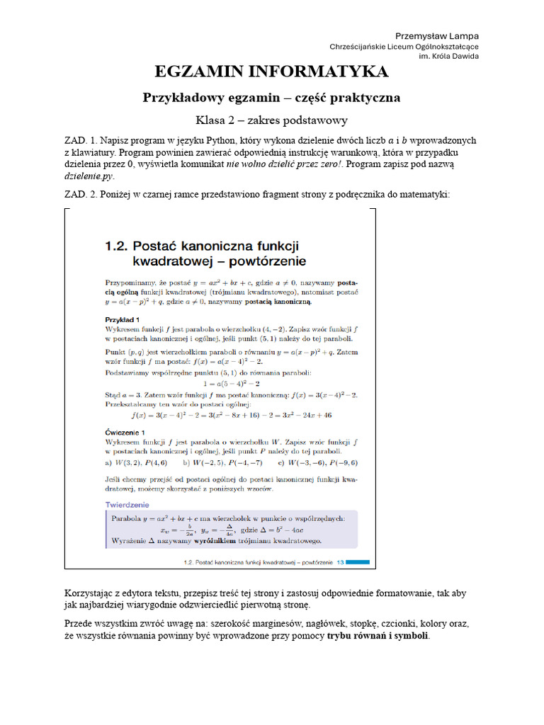 Przykładowy egzamin - klasa 2 | PDF