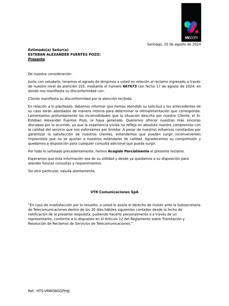 VTR Respuesta Reclamo 667673 | PDF | Finanzas y dinero | Hogar ...