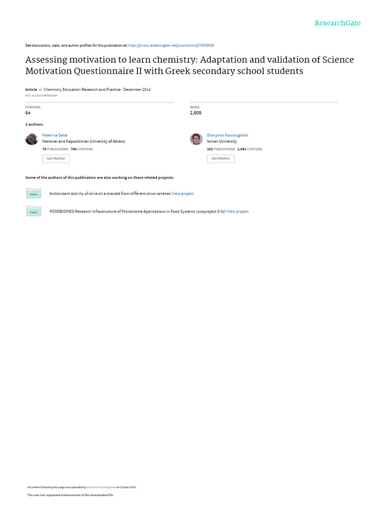 Adoption of Glynn SMQ II For Motivation To Learn - Chemistry KOUL ...
