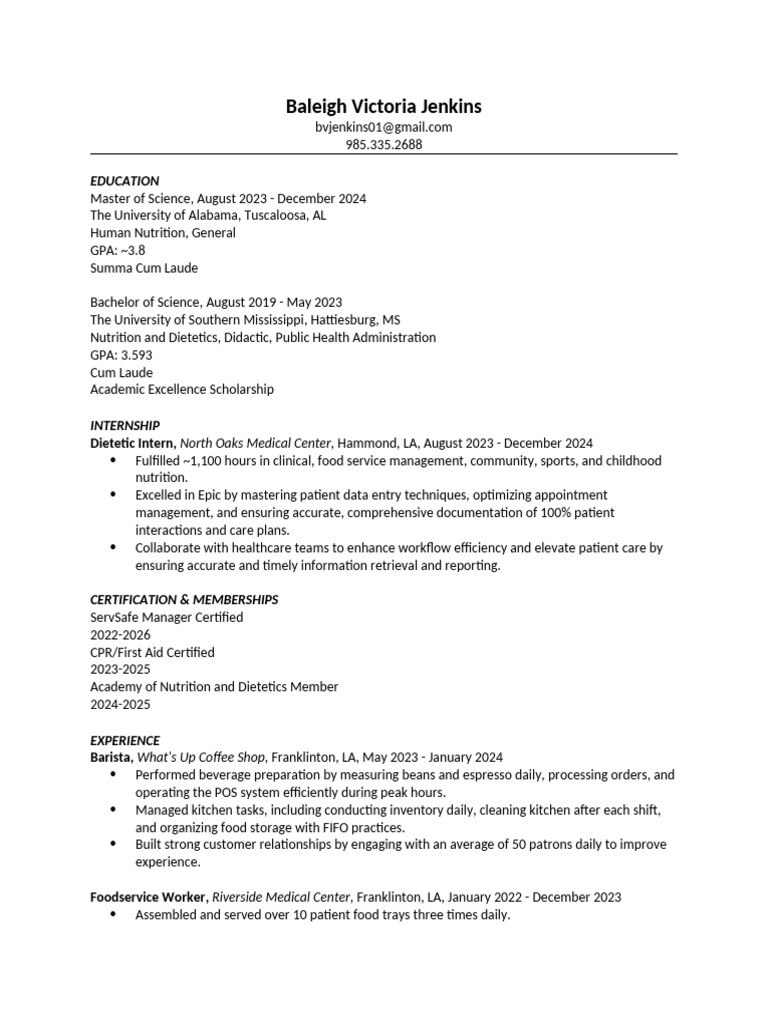 Bvjenkins.resume.2024 | PDF | Dietitian | Health Care