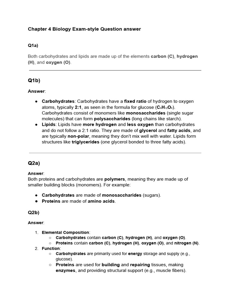 Chapter 4 Biology Exam-Style Question Answer | PDF | Carbohydrates ...