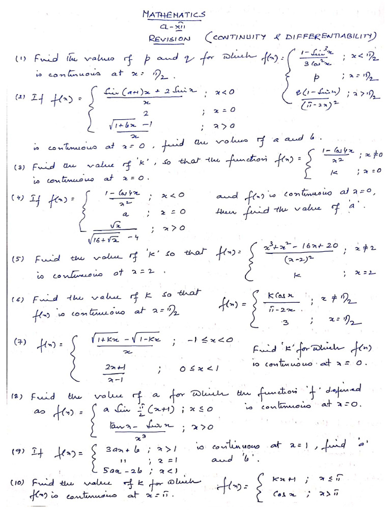 CL-12 Continuity & Differentiability (Revision) | PDF
