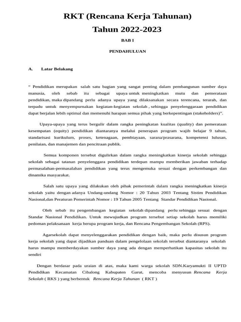 RKT (Rencana Kerja Tahunan) Tahun 2022-2023: Bab I Pendahuluan | PDF