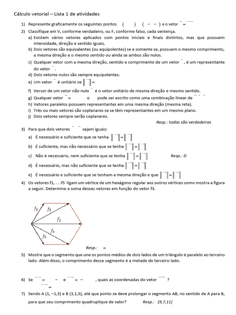 Calculo Vetorial Lista 2024.2 | PDF | Vetor euclidiano | Geometria Clássica