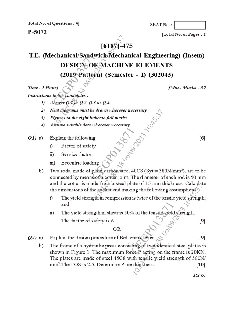 TE Mech - Design of Machine Elements | PDF | Strength Of Materials | Stress (Mechanics)