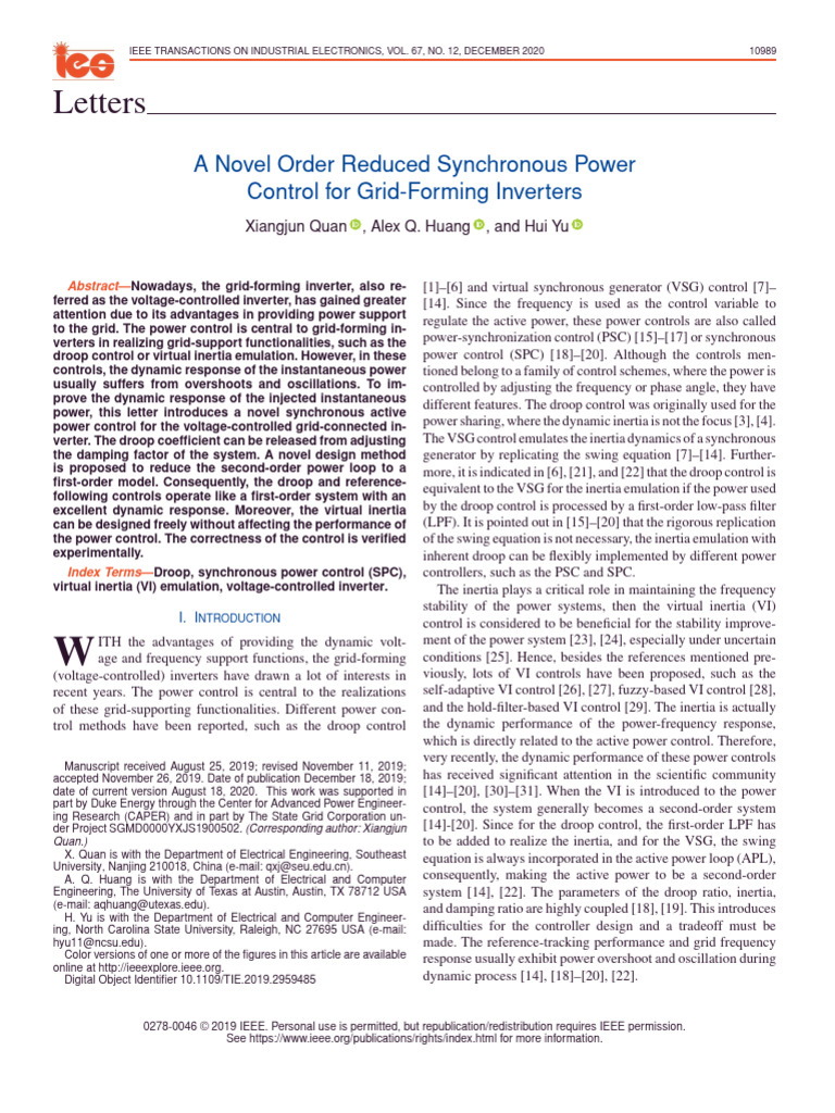 A Novel Order Reduced Synchronous Power Control For Grid Forming Inverters Pdf Power