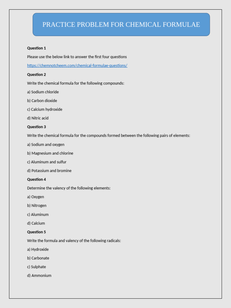 Chemical Formulae Practice Question | PDF | Hydroxide | Sulfate