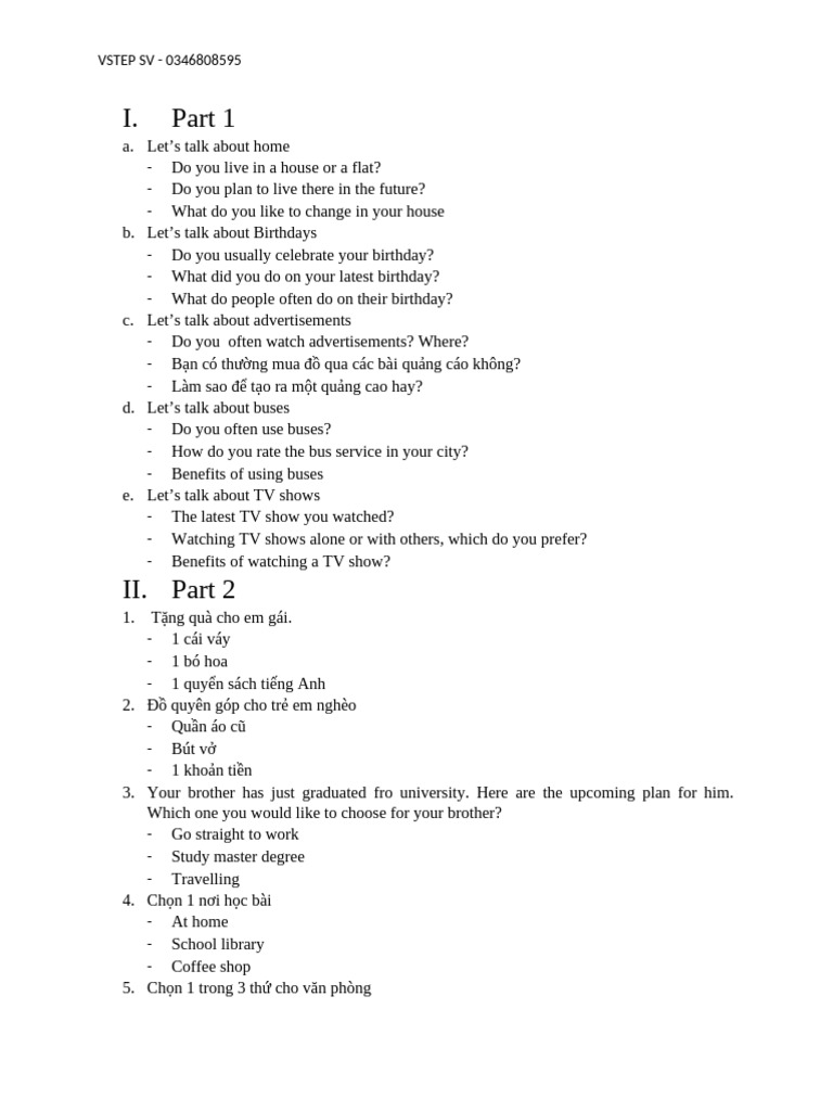 Đề key VSTEP SPEAKING VSTEP SV | PDF | Cost Of Living