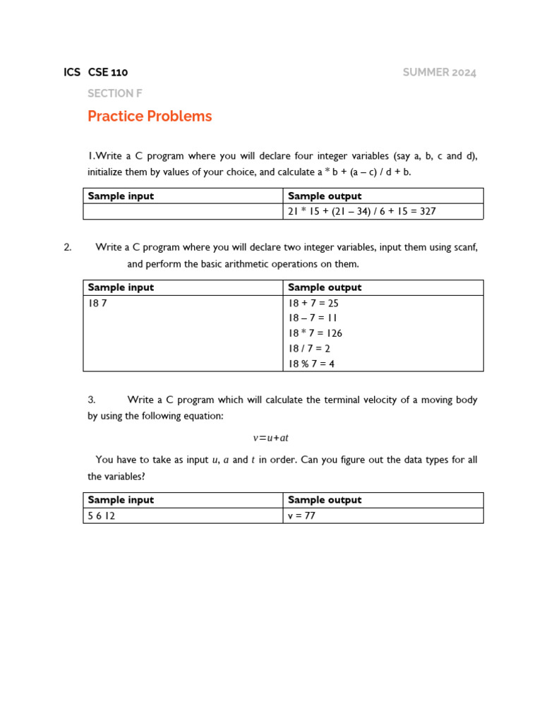 C Programming Practice Problems Guide | PDF | Computer Science | Computing