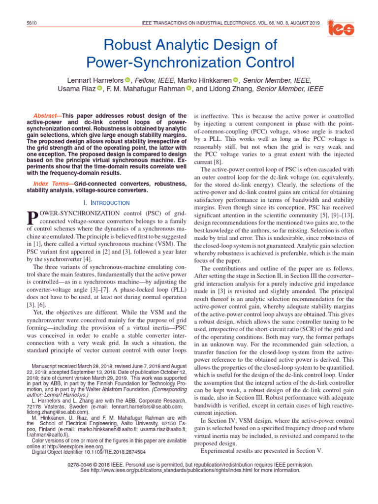 Robust Analytic Design of Power-Synchronization Control | PDF | Inductance | Euclidean Vector