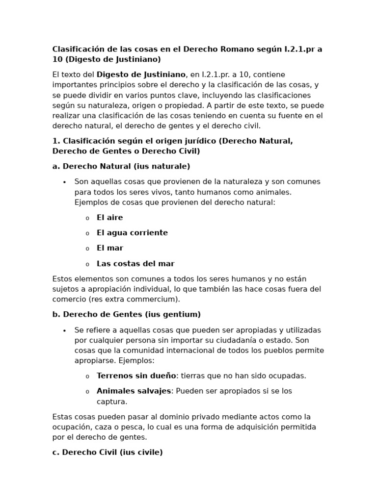 Clasificación de Las Cosas en El Derecho Romano Según I | PDF ...