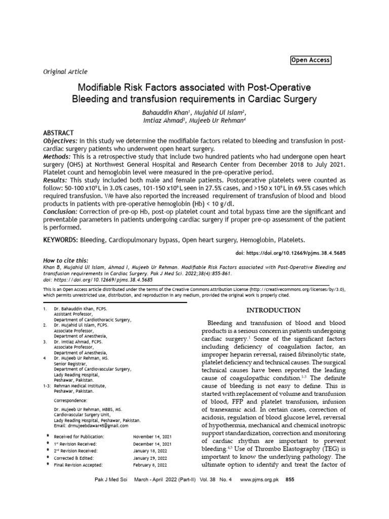 Post-Operative Bleeding in Cardiac Surgery | PDF | Coronary Artery ...