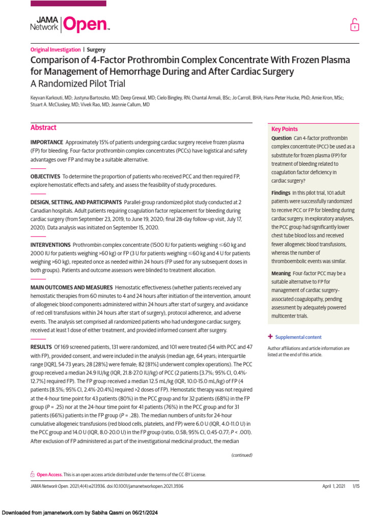 Comparison of 4-Factor Prothrombin Complex Concentrate With Frozen ...