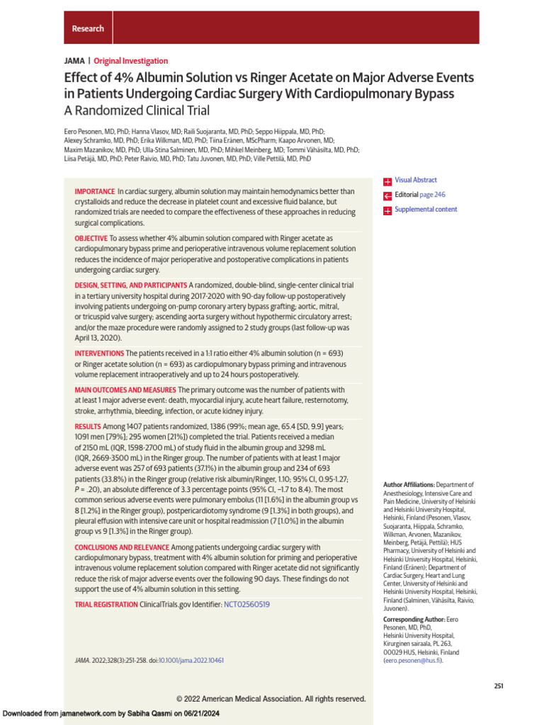 Effect of 4 Percent Albumin Solution Vs Ringer Acetate On Major Adverse ...