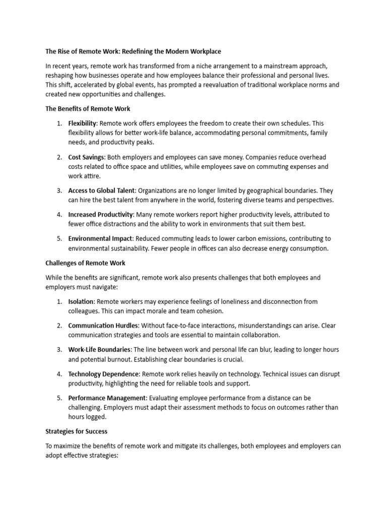 The Rise Of Remote Work Redefining The Modern Workplace Pdf