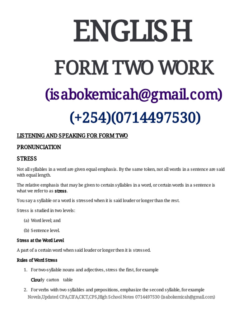 English Form 2 Work | PDF