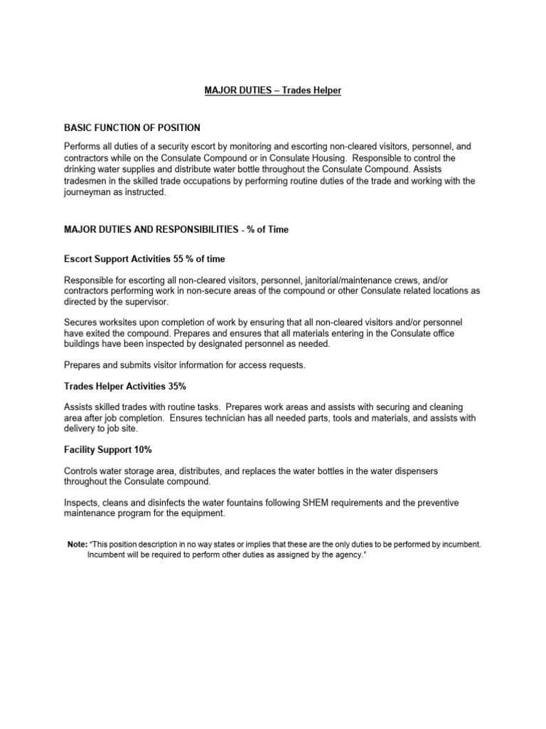 Major Duties Trades Helper | PDF | Business | Home & Garden