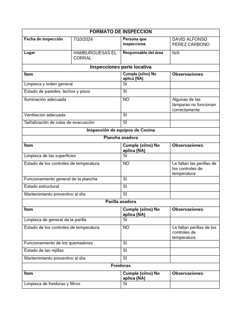 Formato de Inspeccion | PDF | Refrigerador