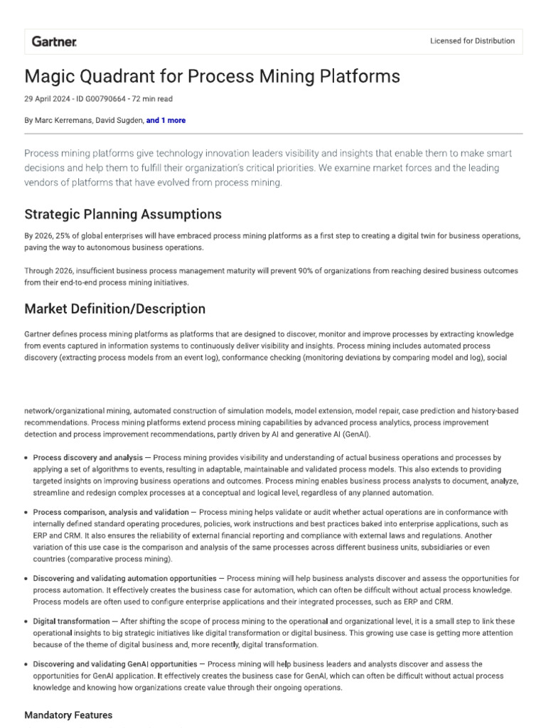 Gartner - Magic Quadrant For Process Mining Platforms | PDF