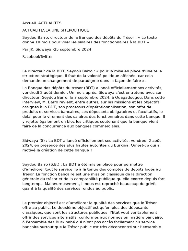 Banque des Dépôts du Trésor : Objectifs et Services | PDF | Banques | État