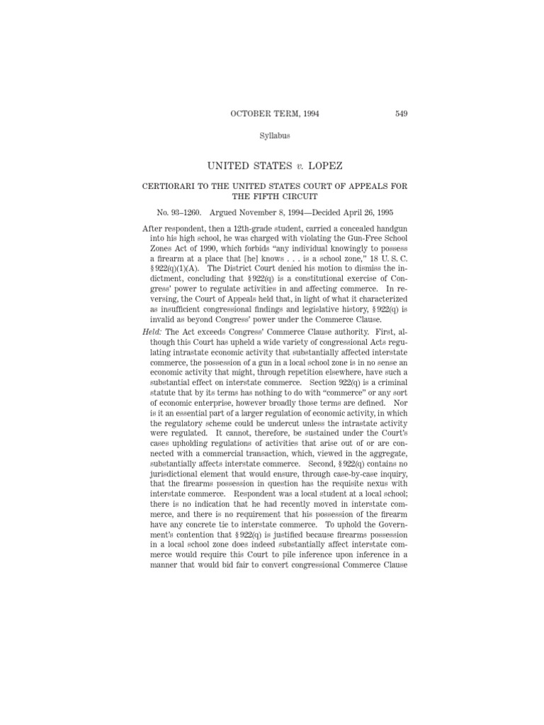 US V Lopez - SCOTUS Full Opinion | PDF | Commerce Clause | United ...