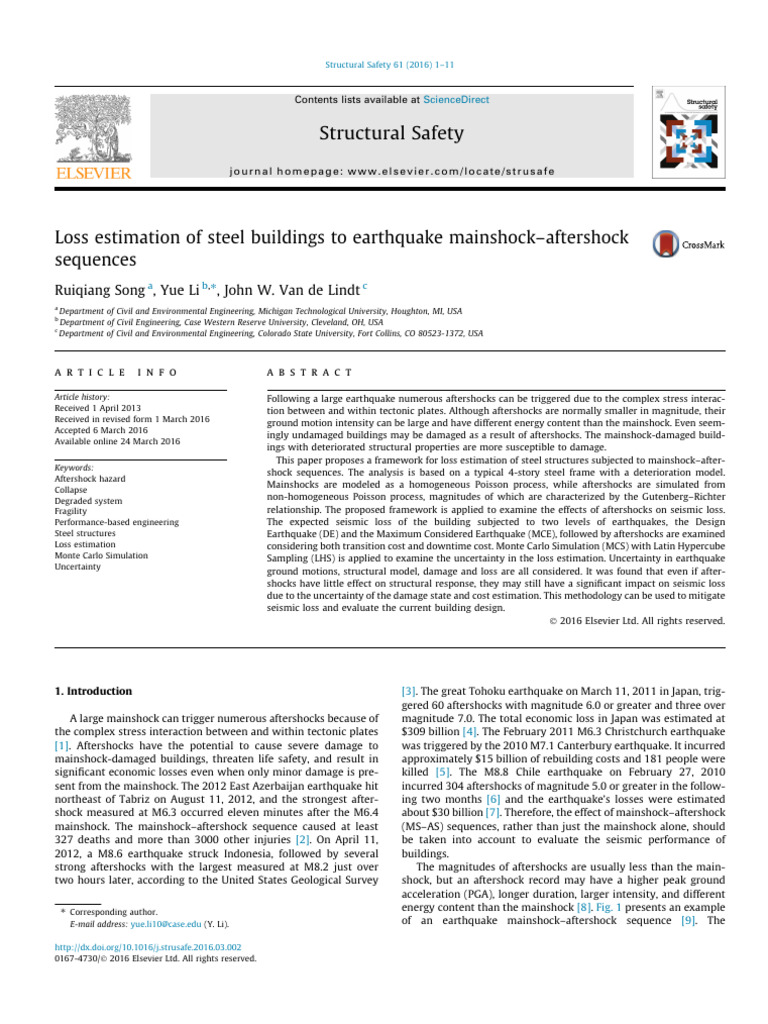Song Et Al. 2016 - Loss Estimation of Steel Buildings To Earthquake Mainshock-Aftershock ...