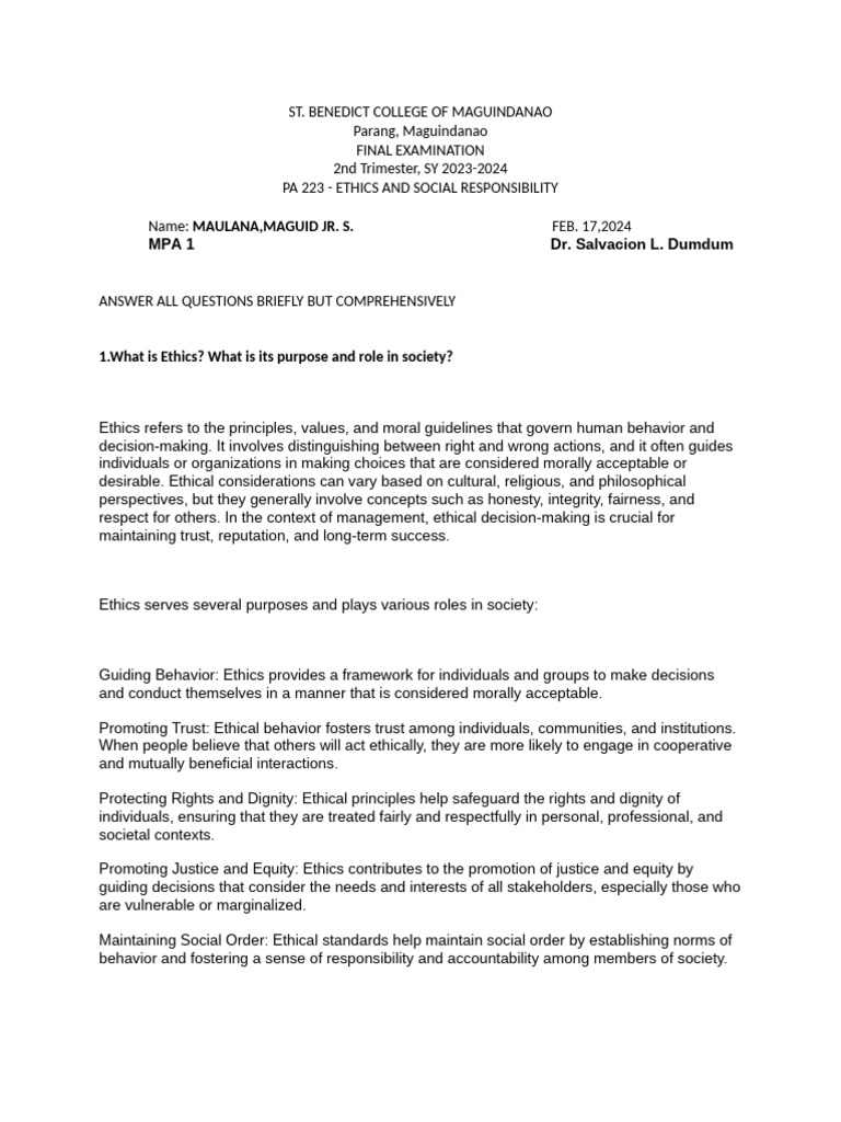 Pa 223 - Ethics and Social Responsibility Final Exam | PDF | Corporate Social Responsibility ...