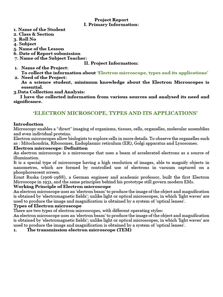 9th CLASS BIOLOGY FA-1 PROJECT | PDF | Microscope | Electron Microscope