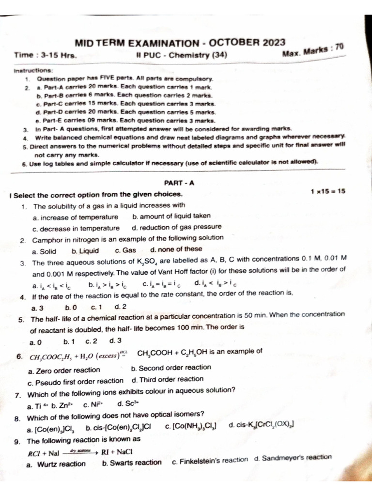 2nd Puc Chemistry Midterm Exam Paper 2023 by DK | PDF 2nd Puc Chemistry Midterm Exam Paper 2023 by DK | PDF