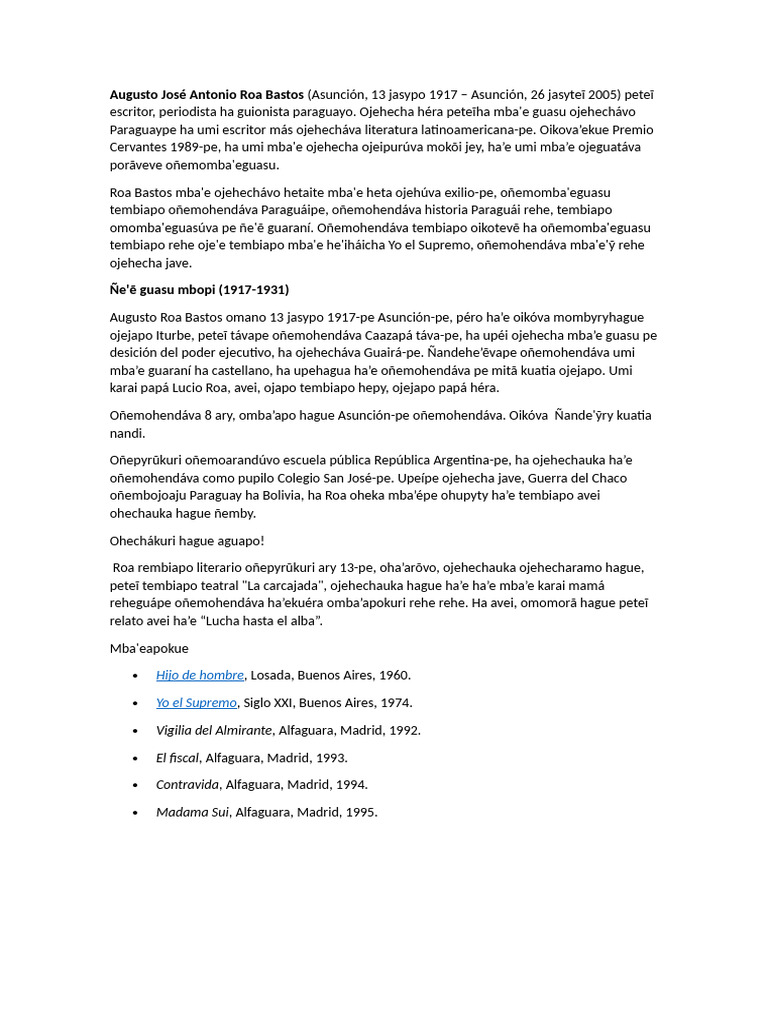 Augusto José Antonio Roa Bastos Guarani | PDF