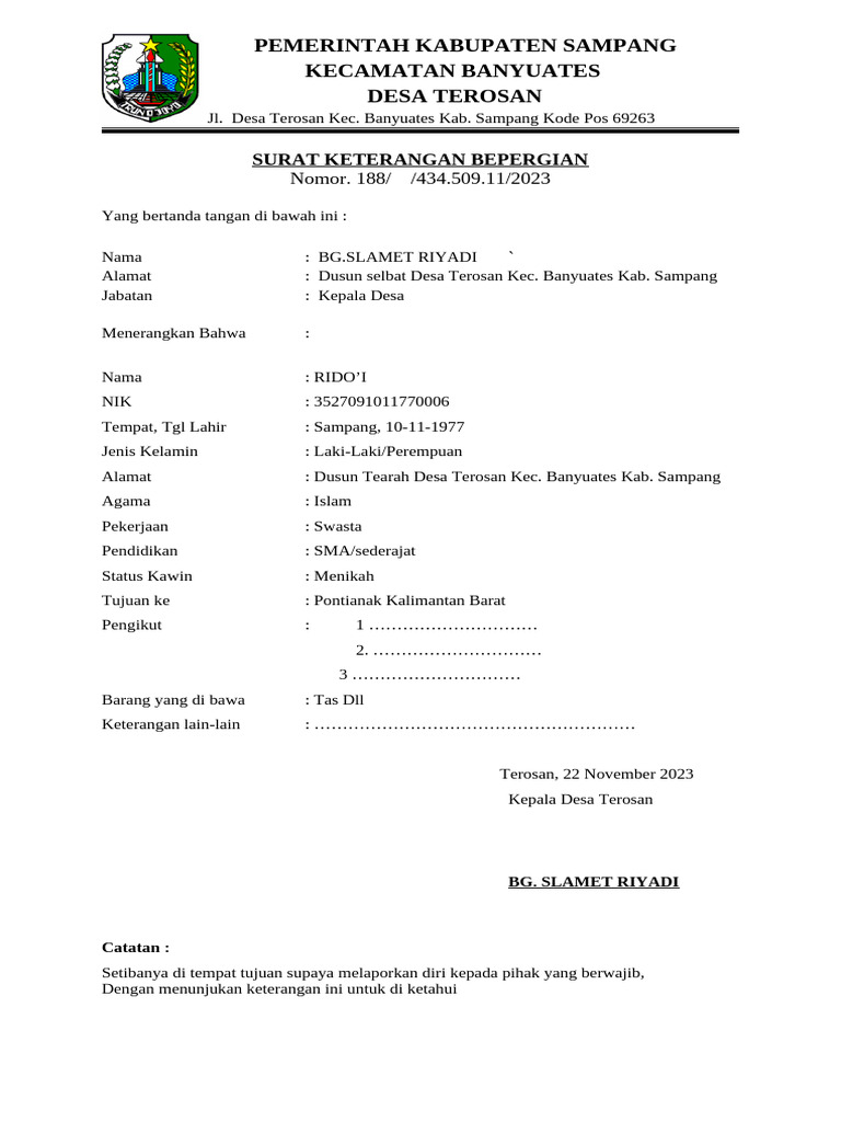 Surat Keterangan Bepergian Terosan | PDF