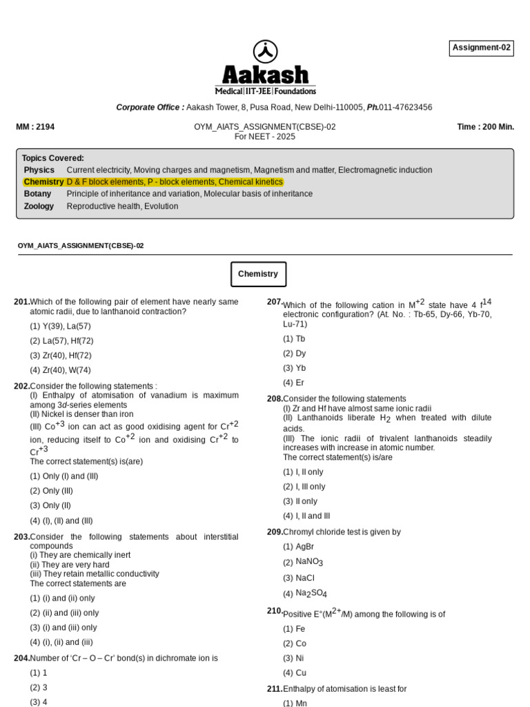 Oym-Aiats-2 Assignment Chemistry QP & Sol | PDF | Nitric Acid | Nitrogen