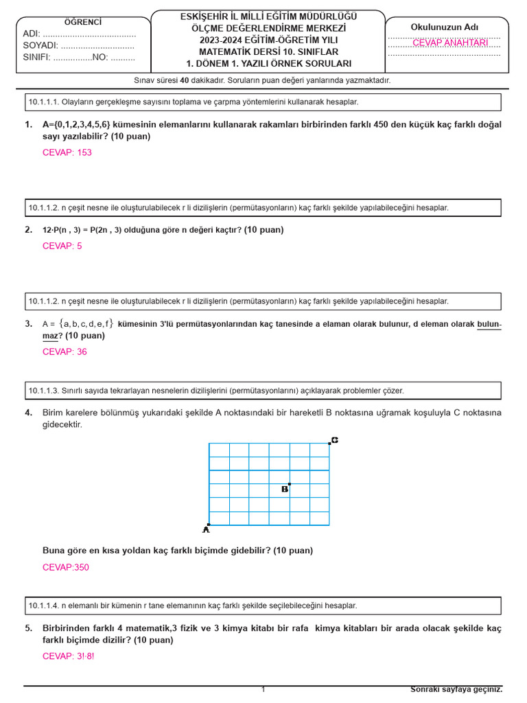 2023-2024 10. SINIF 1. DoYNEM 1. SINAV MATEMAToYK oYRNEK YAZILI CA | PDF