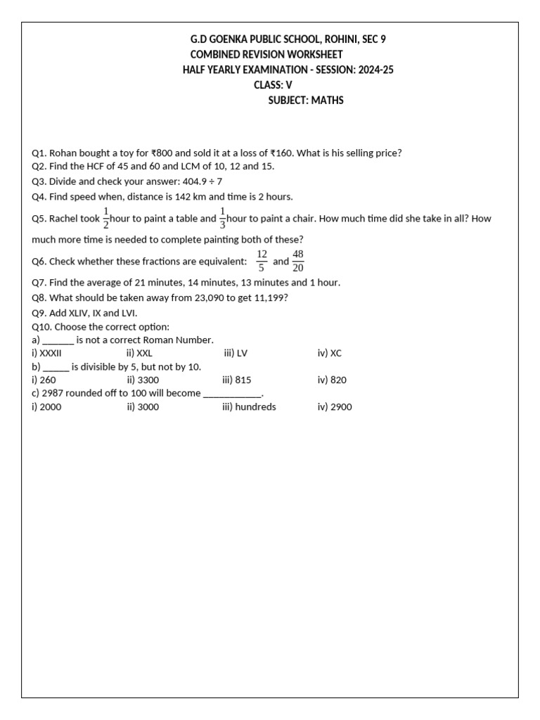 CLASS 5 MATHS Combined Revision Worksheet HY 2425 | PDF