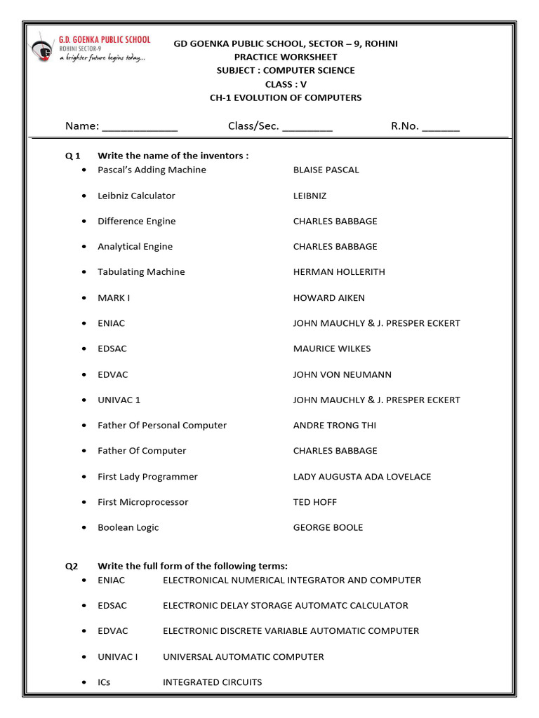 class_5_ch_1_EVOLUTION_OF_COMPUTER__ANS_KEY | PDF | Manufactured Goods | Computer Engineering