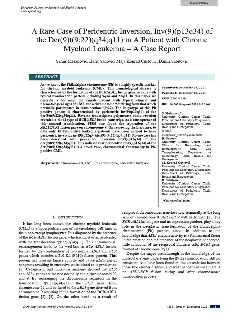 A Rare Case of Pericentric Inversion, Inv(9)(p13q34) of | PDF ...