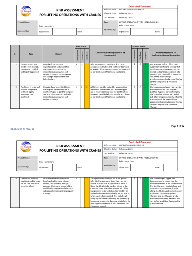 Risk Assessment For Lifting Operation With Crane | PDF | Crane (Machine ...