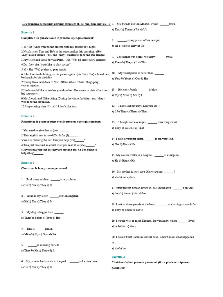 Les Pronoms Personnels Anglais Exercices 1 | PDF