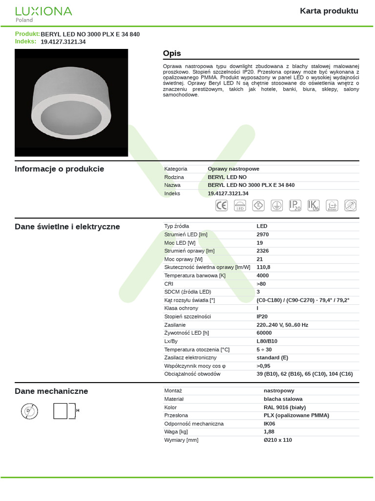 Beryl Led No 3000 PLX E 34 840 19.4127.3121.34: Produkt: Indeks | PDF