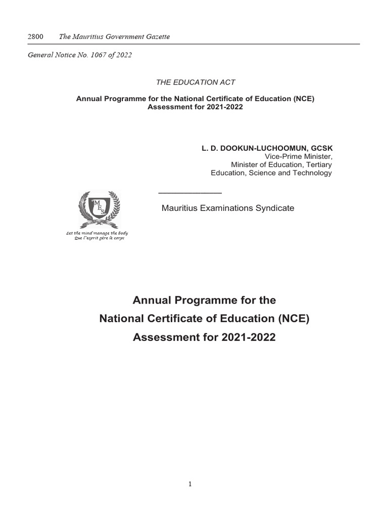 Annual Programme NCE Assessment 2021 2022 GN No. 1067 of 2022 | PDF ...