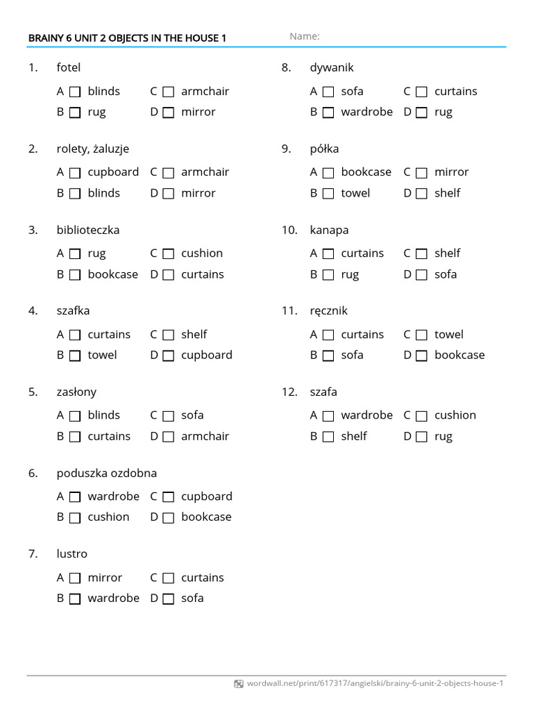 Brainy 6 Unit 2: House Objects Test | PDF